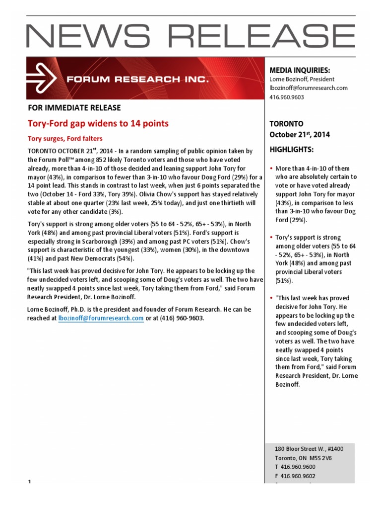 Toronto Mayoral Race Poll Oct. 21 | PDF | Marketing Research | Science