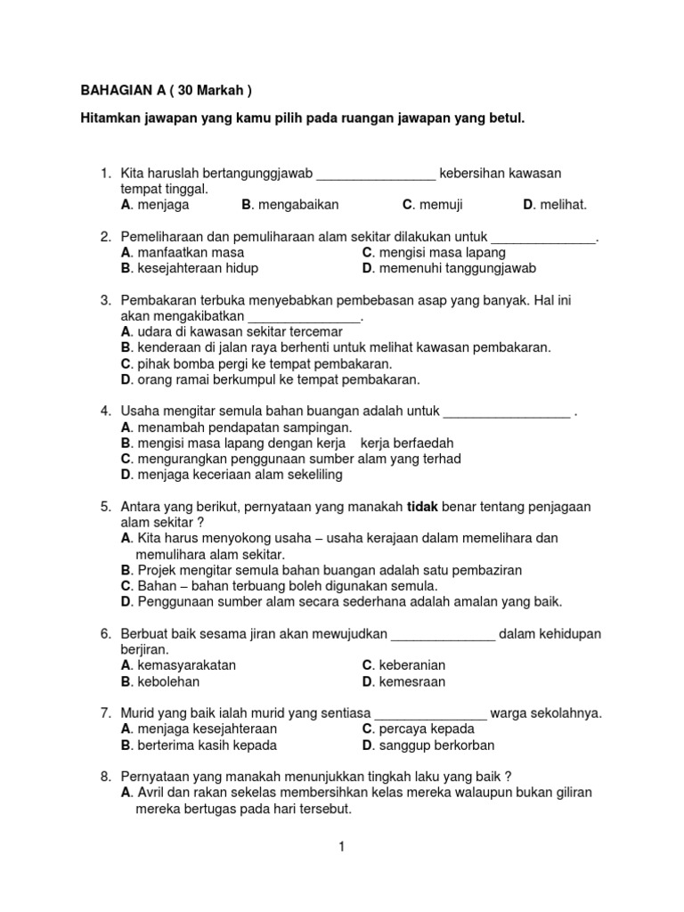 Soalan Pendidikan Moral Tahun 5 | PDF
