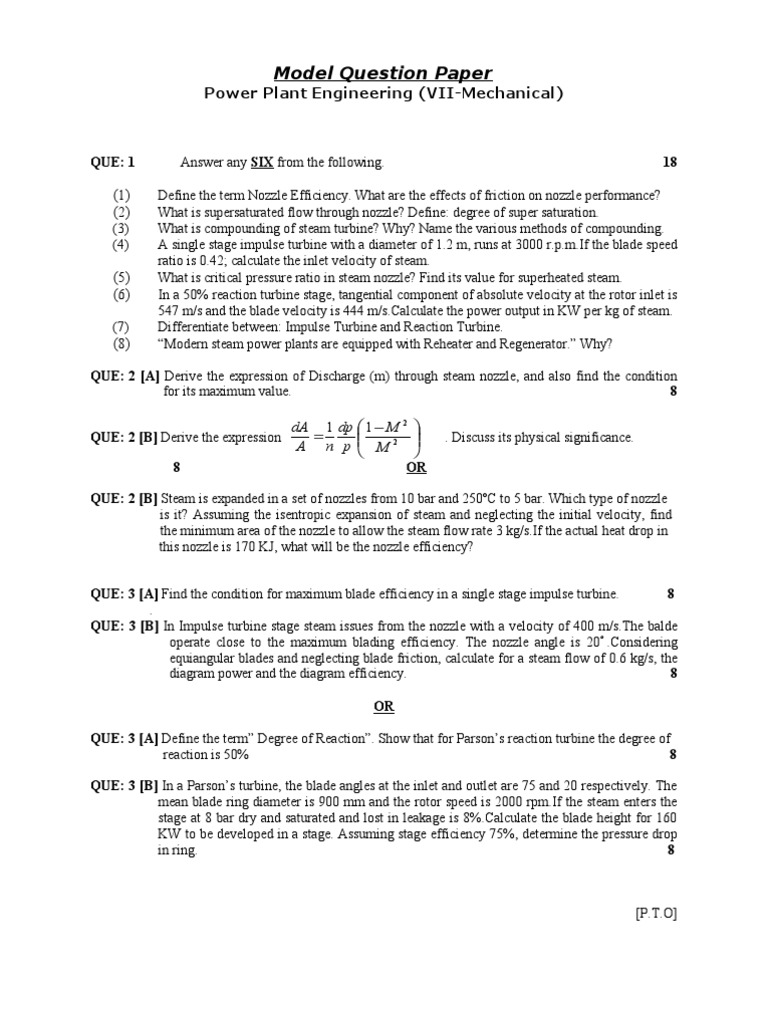 Model Question Paper | PDF | Turbine | Steam Engine