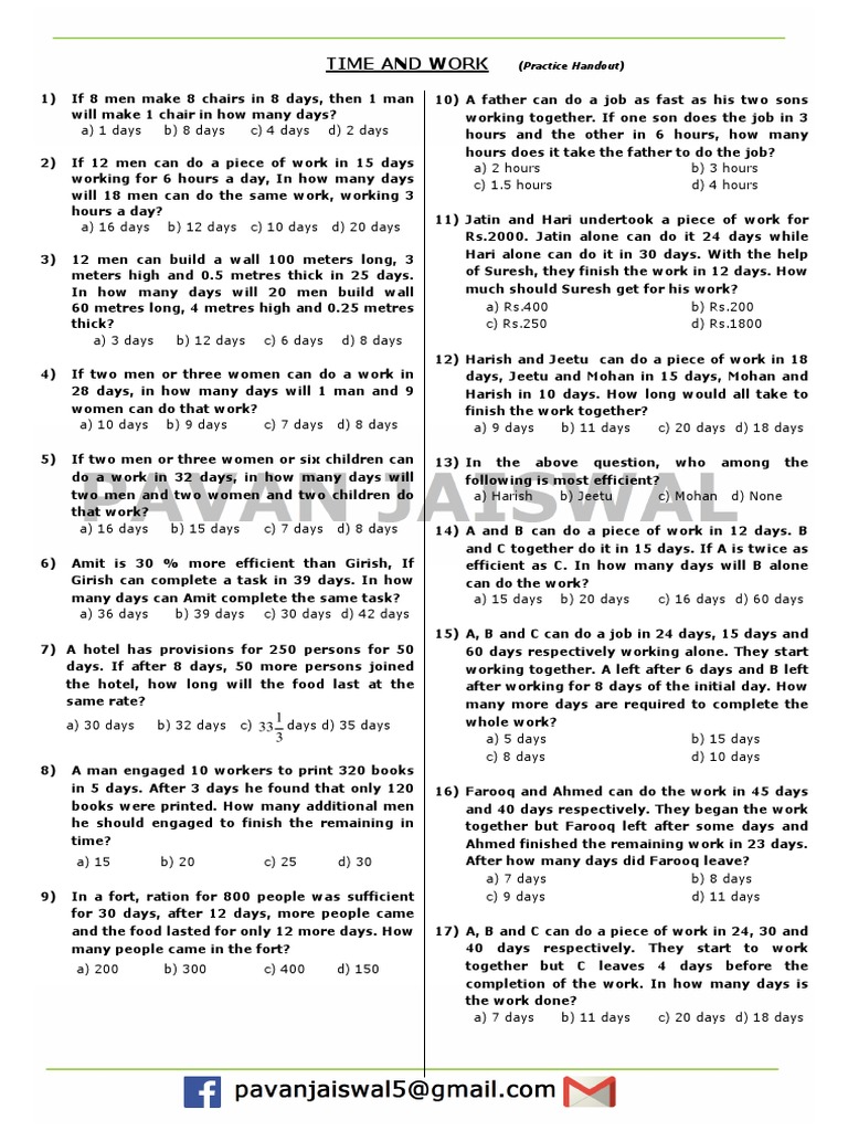 Time and Work Practice Problems: Solutions to Time, Rate and Work ...