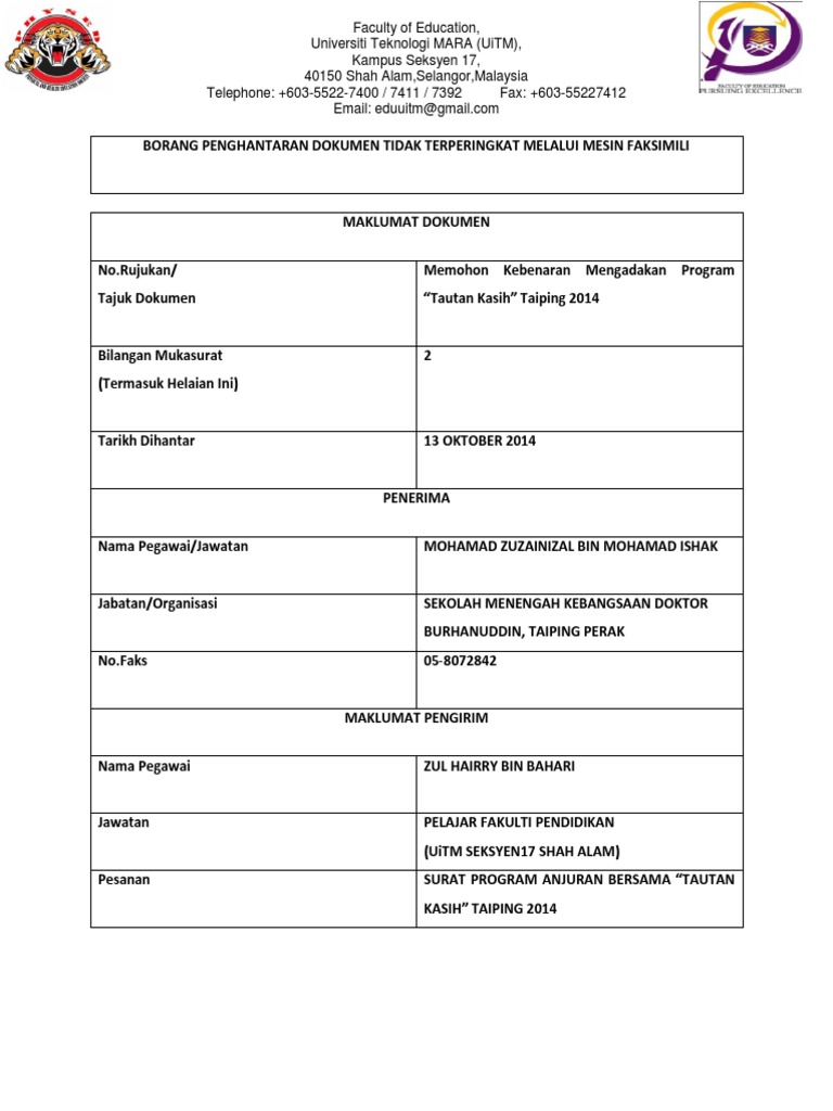 Borang Penghantaran Dokumen Tidak Terperingkat Melalui Mesin Faksimili ...