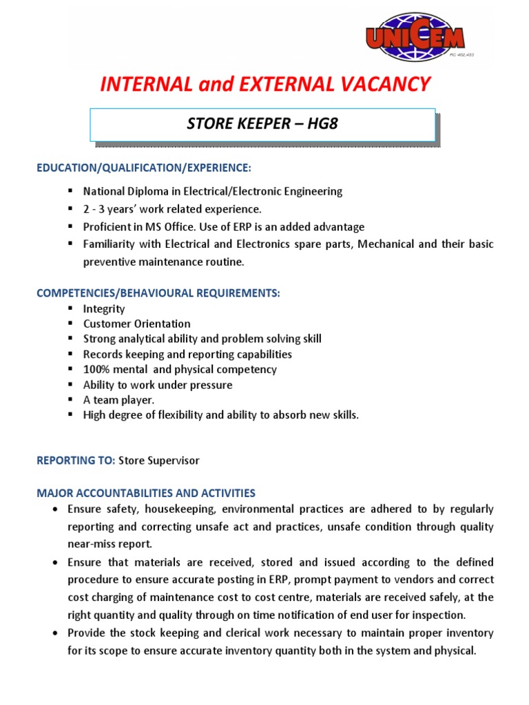 Internal and External - Store Keeper | PDF | Inventory | Competence ...