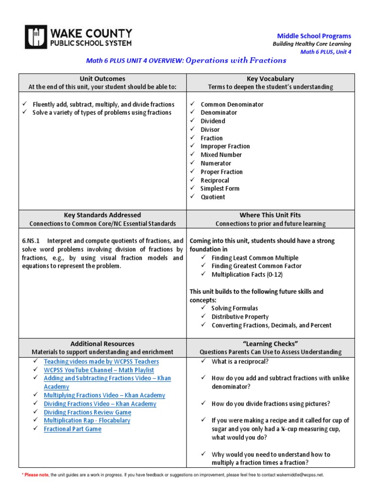 Math 6 PLUS Unit 4: Fractions Operations | PDF