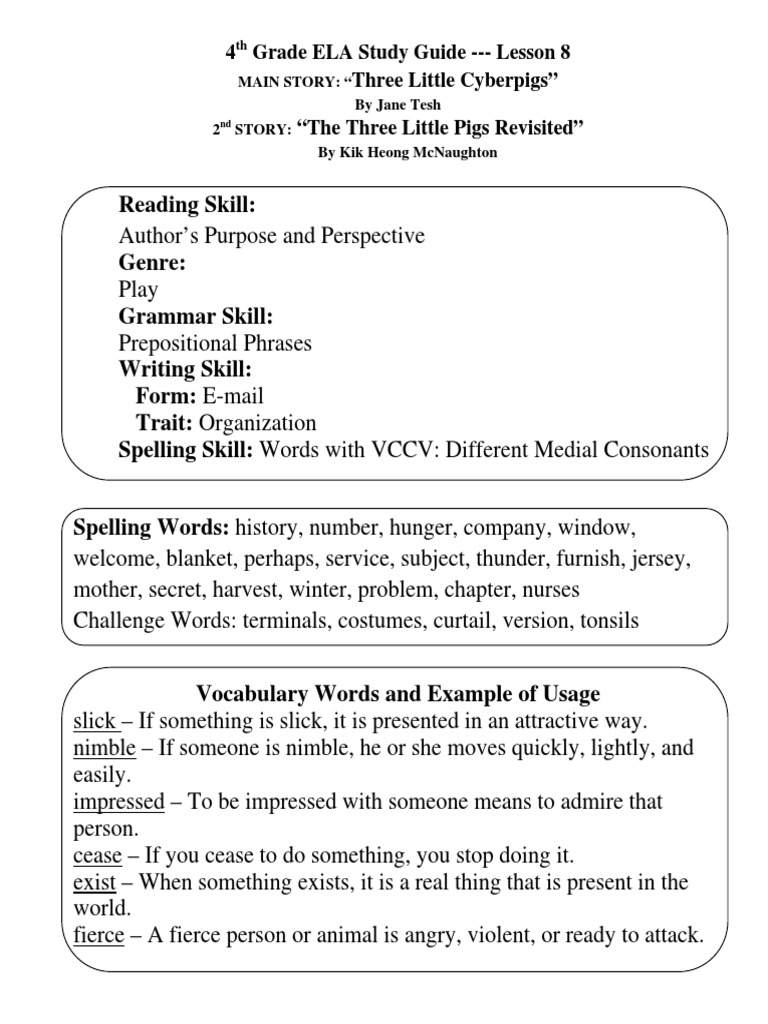 4th Grade ELA Study Guide: Lesson 8 | PDF