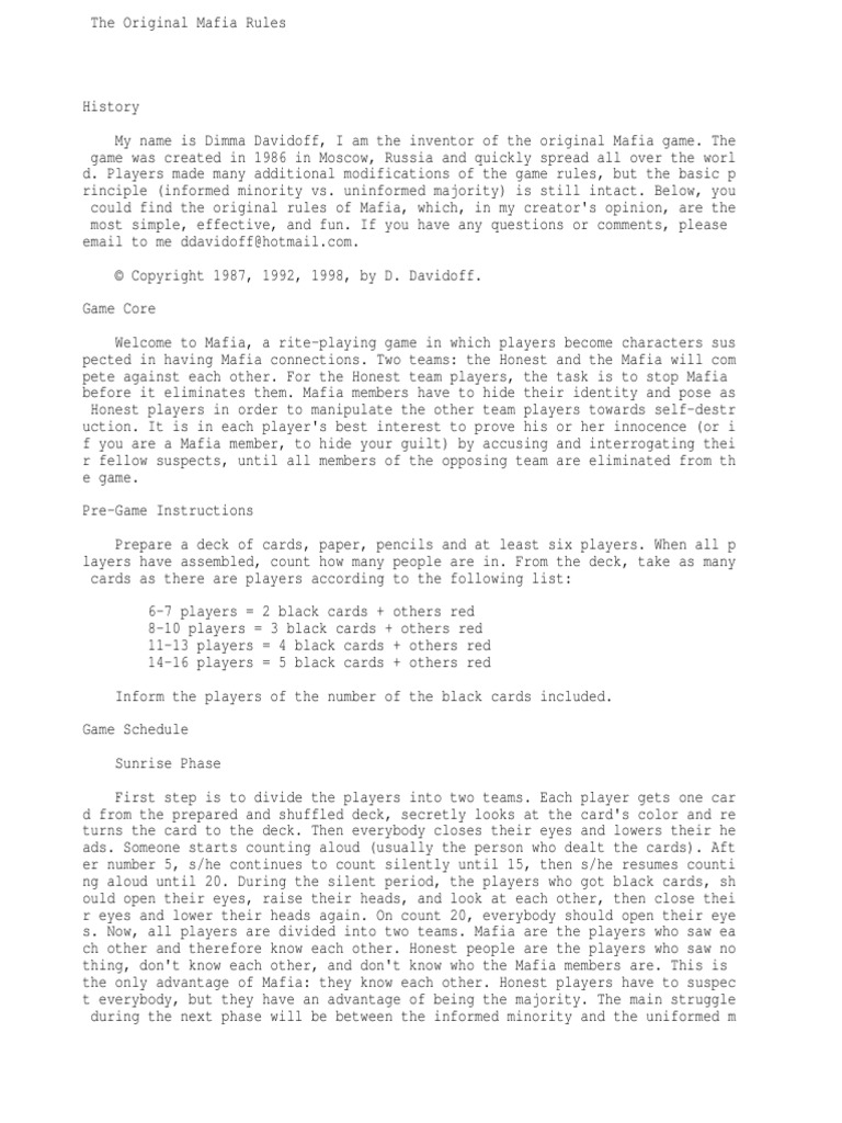 Mafia (Party Game) Rules | PDF | Violence | Leisure