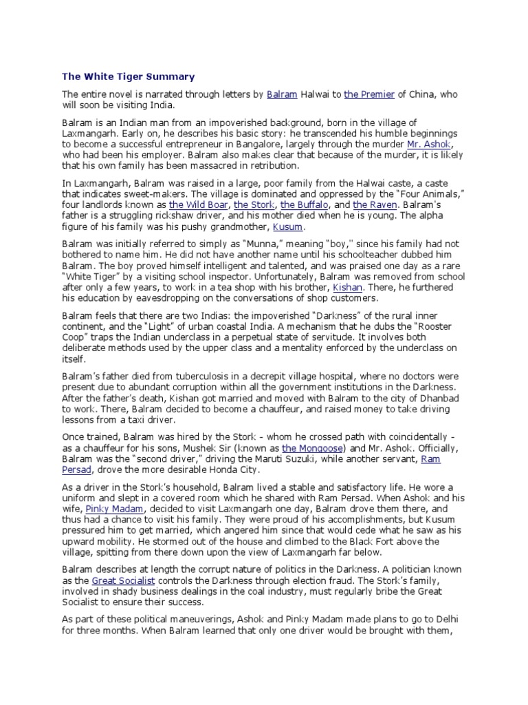 The White Tiger Summary | PDF | Mystery, Thriller & Crime Fiction ...