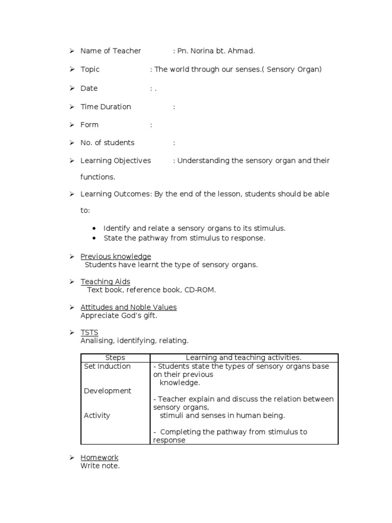 Lesson Plan | PDF | Senses | Stimulus (Physiology)