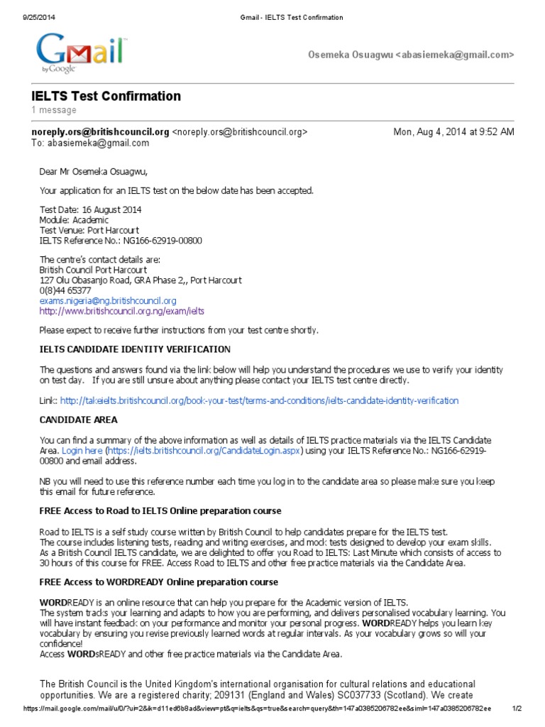 IELTS Test Confirmation Details | PDF | International English Language ...