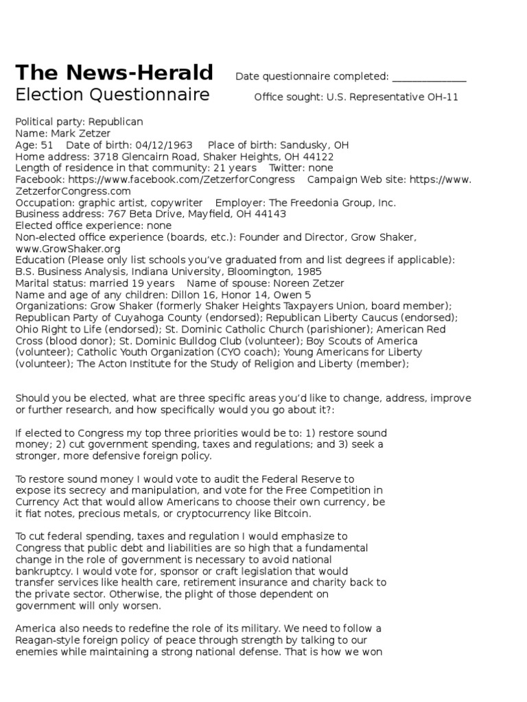November 2014 Election Questionnaire: Mark Zetzer | PDF | Government ...