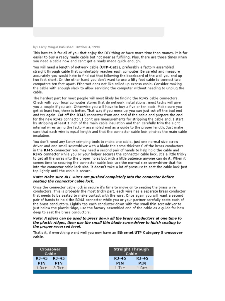 Ethernet Crossover Cable - DIY How-To Guide | PDF | Electrical ...