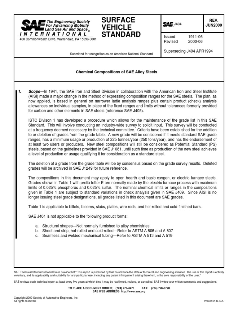 SAE J404 2000 Chemical Compositions of SAE Alloy Steels PDF | PDF | Rolling (Metalworking) | Steel