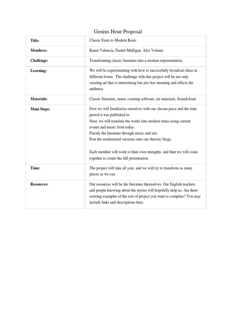 Genius Hour Proposal | PDF | Social Science
