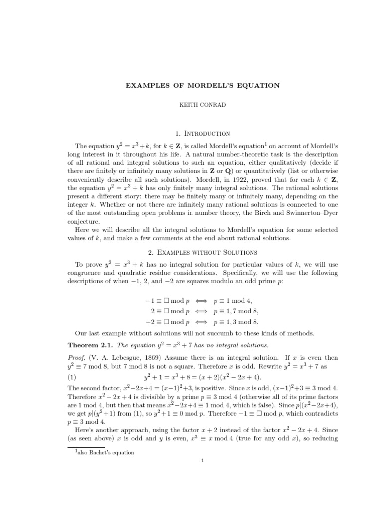 Mordell's Equation Examples | PDF | Prime Number | Number Theory