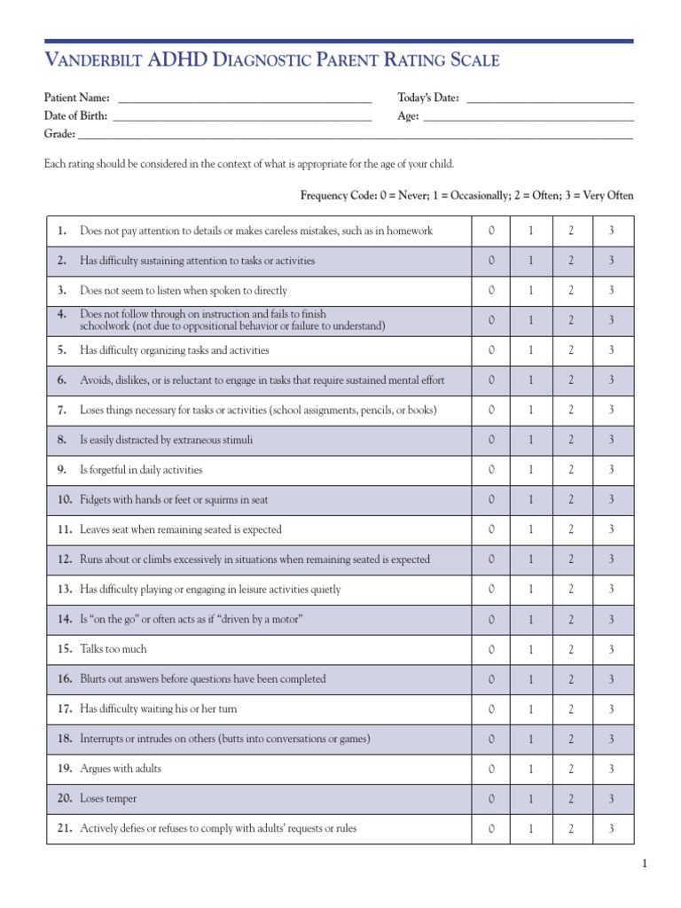 Vanderbilt Adhd Diagnostic Parent | PDF | Temperament | Psychiatry ...