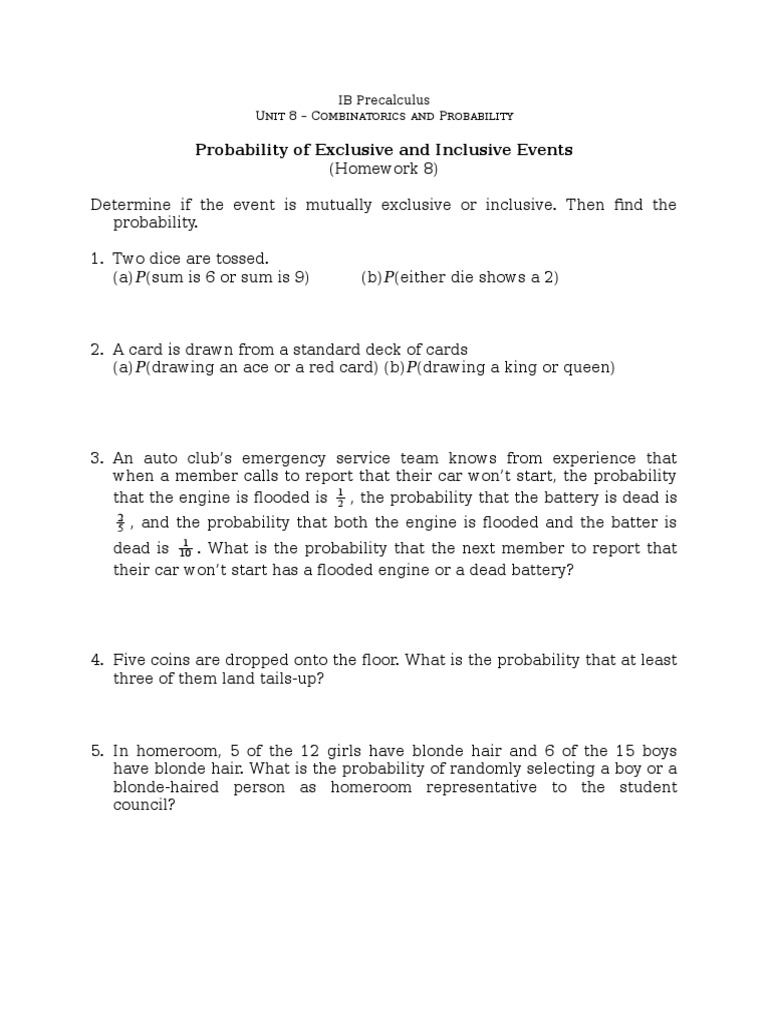 Exclusive and Inclusive Probability | PDF | Dice | Probability