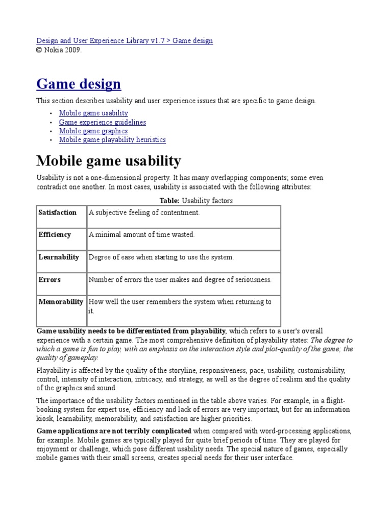Nokia Mobile Game Design Guide | PDF | Usability | Menu (Computing)