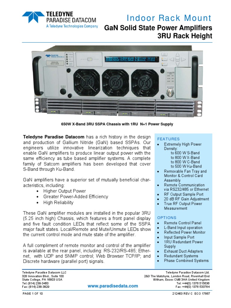 Paradise Datacom Indoor GaN 3RU SSPA Datasheet | PDF