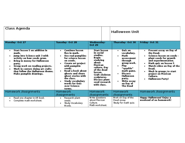 Halloween Week Classroom Agenda | PDF | Language Arts & Discipline