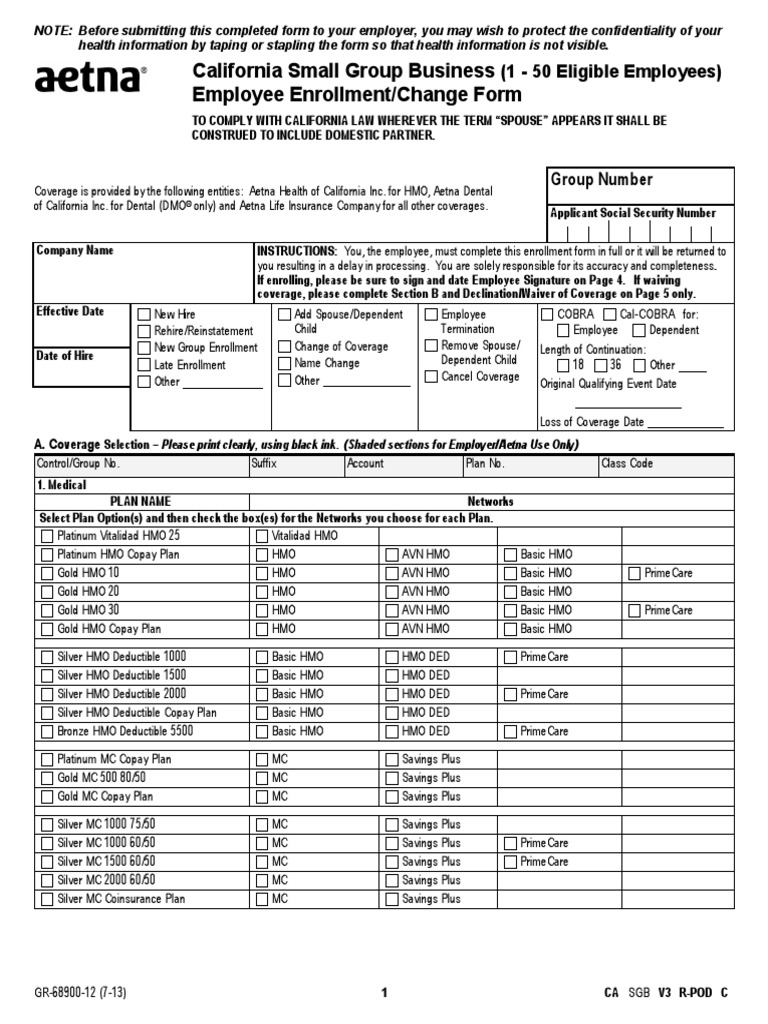 Aca Employee Enrollment Form | Arbitration | Aetna