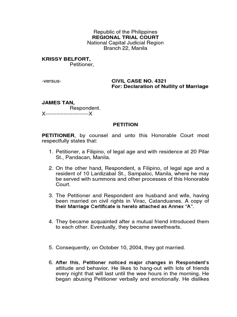 Petition For Declaration of Nullity of Marriage | Marriage | Psychology