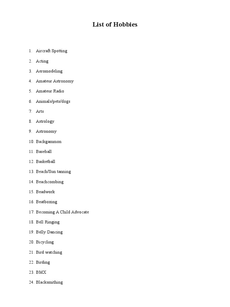 List of Hobbies | PDF | Hobbies | Recreation