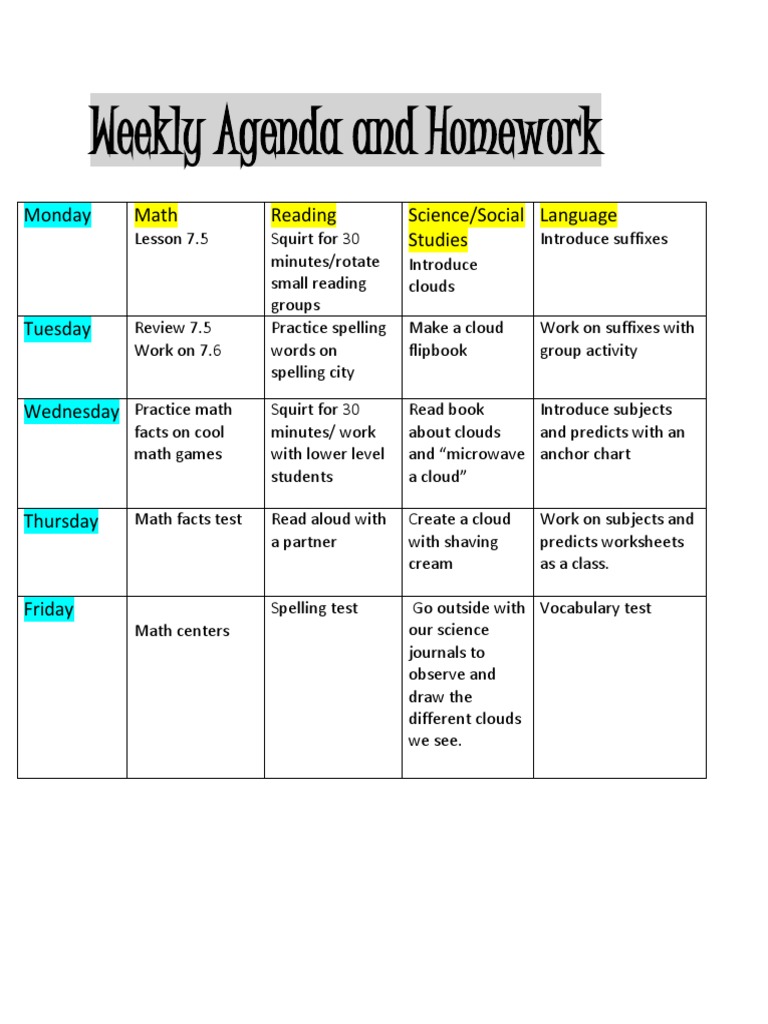 Weekly Agenda and Homework | PDF