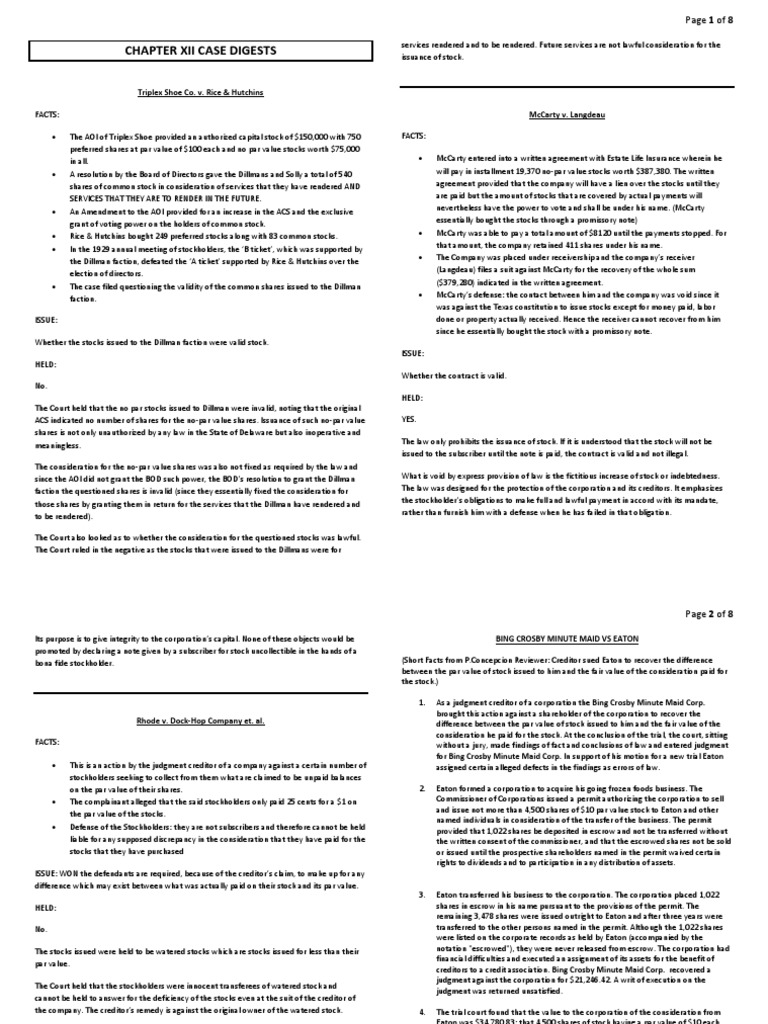 Chapter XII Case Digests | PDF | Corporations | Stocks