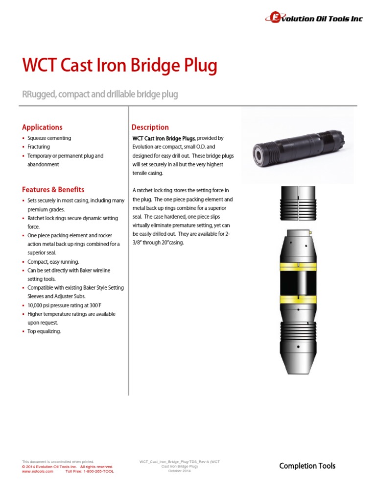 WCT Cast Iron Bridge Plug Technical Datasheet | Cast Iron | Iron