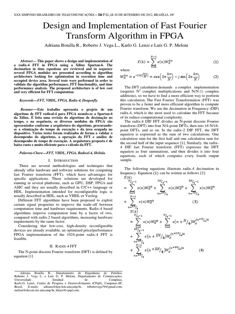 Design and Implementation of Fast Fourier Transform Algorithm in FPGA | PDF | Discrete Fourier ...
