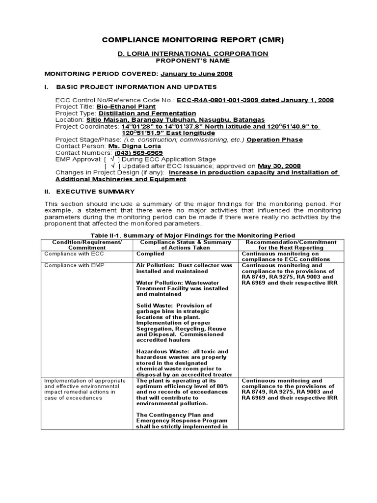 PROPONENT-Compliance Monitoring Report - New Format-Sample | PDF ...