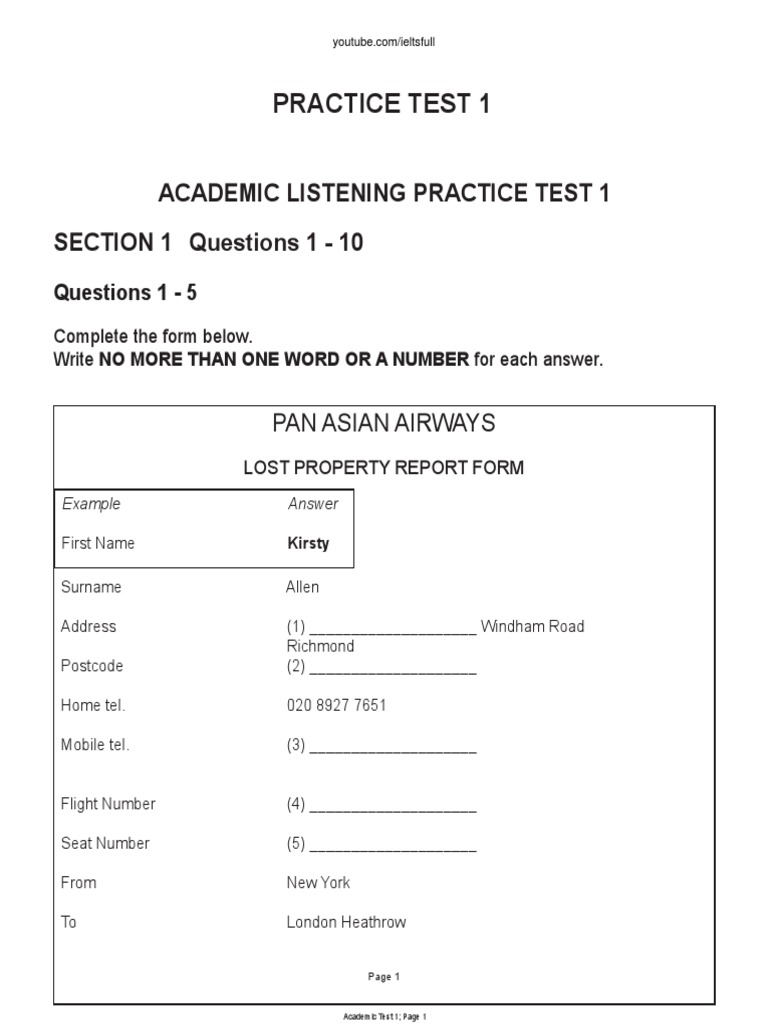 Ielts Listening Test 1 PDF | PDF