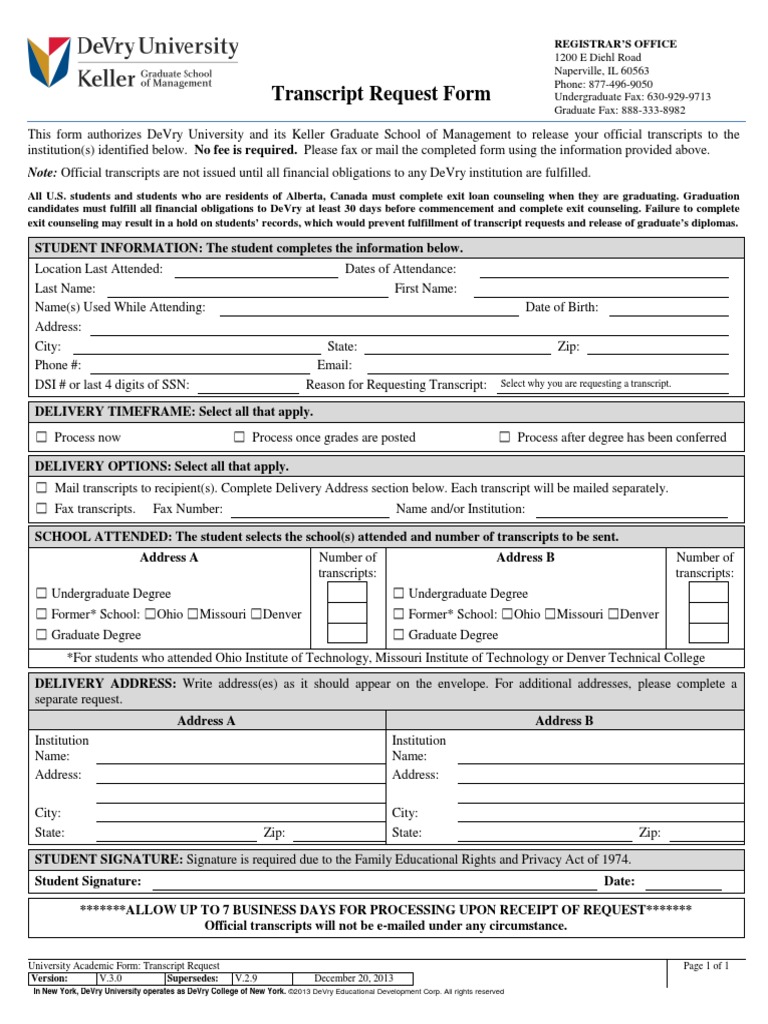 DeVry Keller Transcript Request Form | PDF | Postgraduate Education | Educational Stages