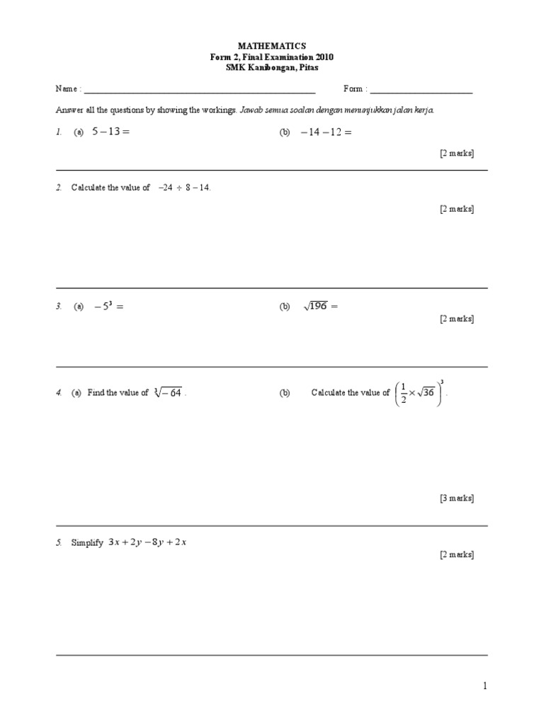 Math Final 2010 Form2 PAPER 2 | PDF