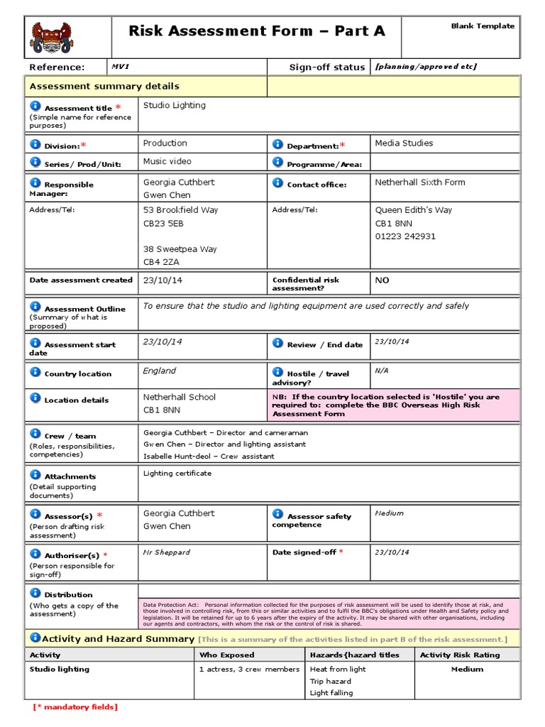 Risk Assessment Form - Part A: Reference: Sign-Off Status Assessment ...