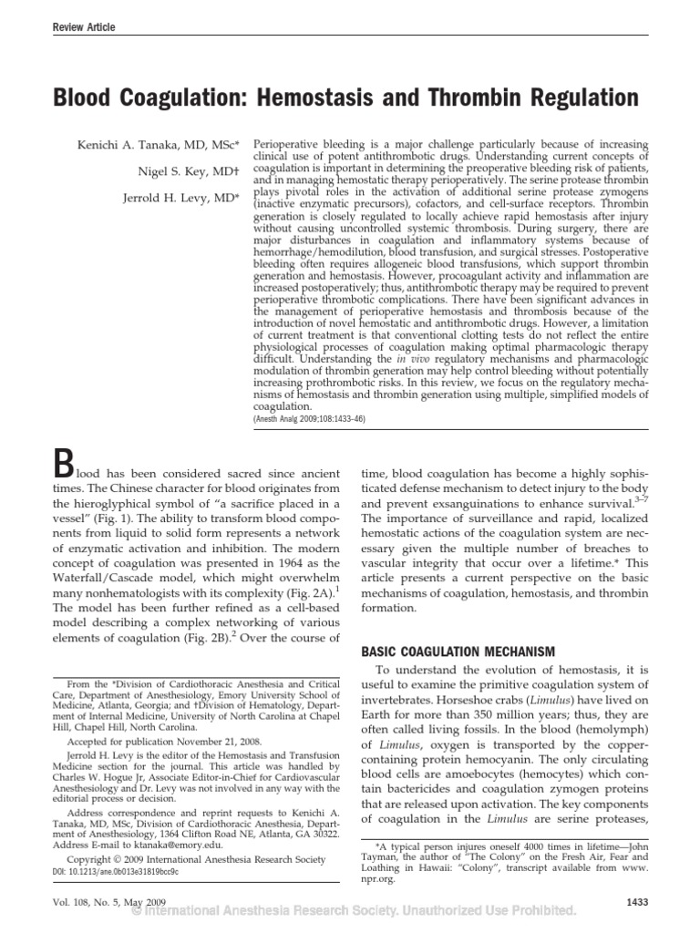 Blood Coagulation: Hemostasis and Thrombin Regulation | PDF