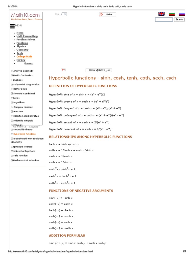 Hyperbolic Functions - Sinh, Cosh, Tanh, Coth, Sech, CSCH | PDF ...