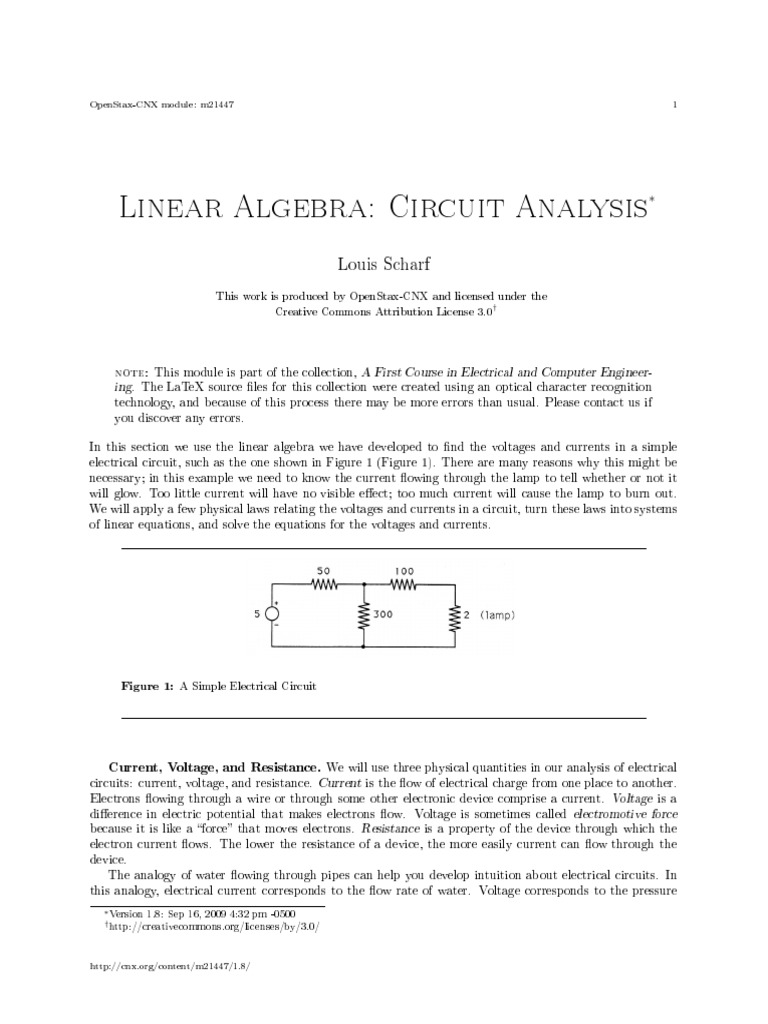 Linear Algebra Circuit Analysisl | PDF | Electric Current | Voltage