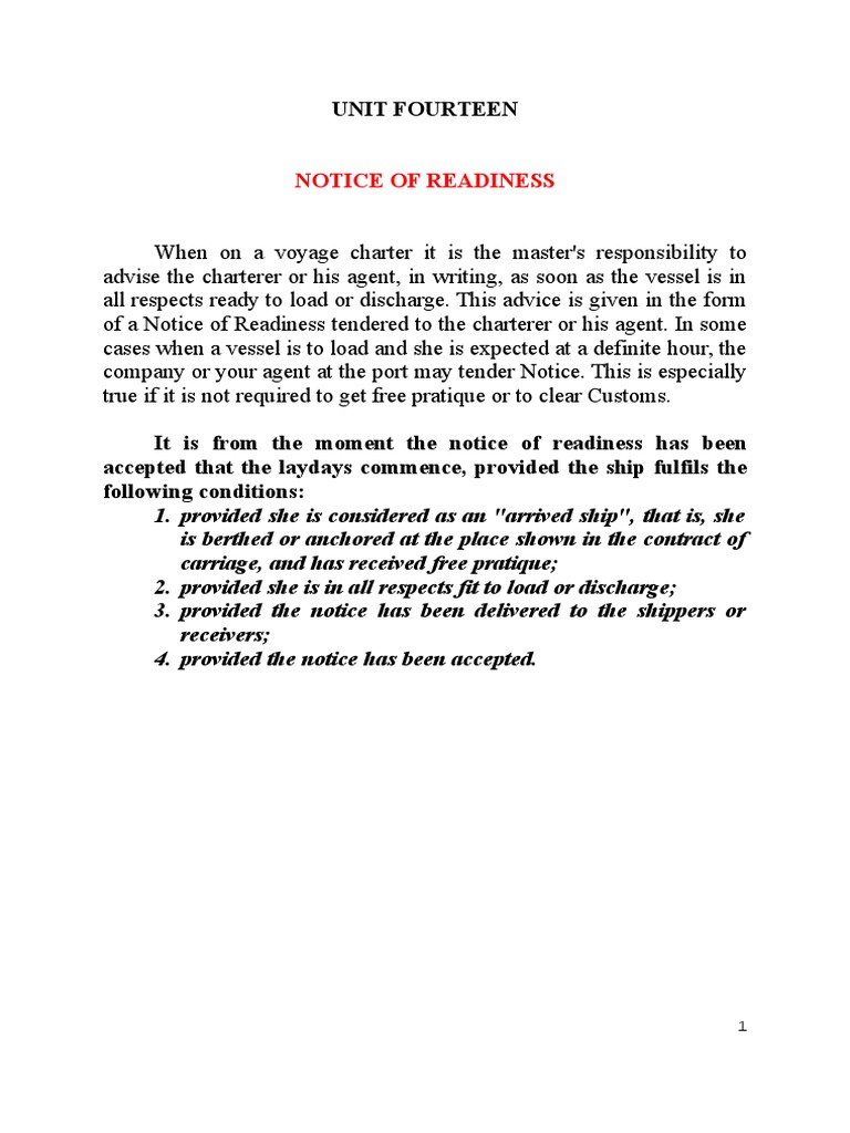 Notice of Readiness - chartering | Cargo | Ships