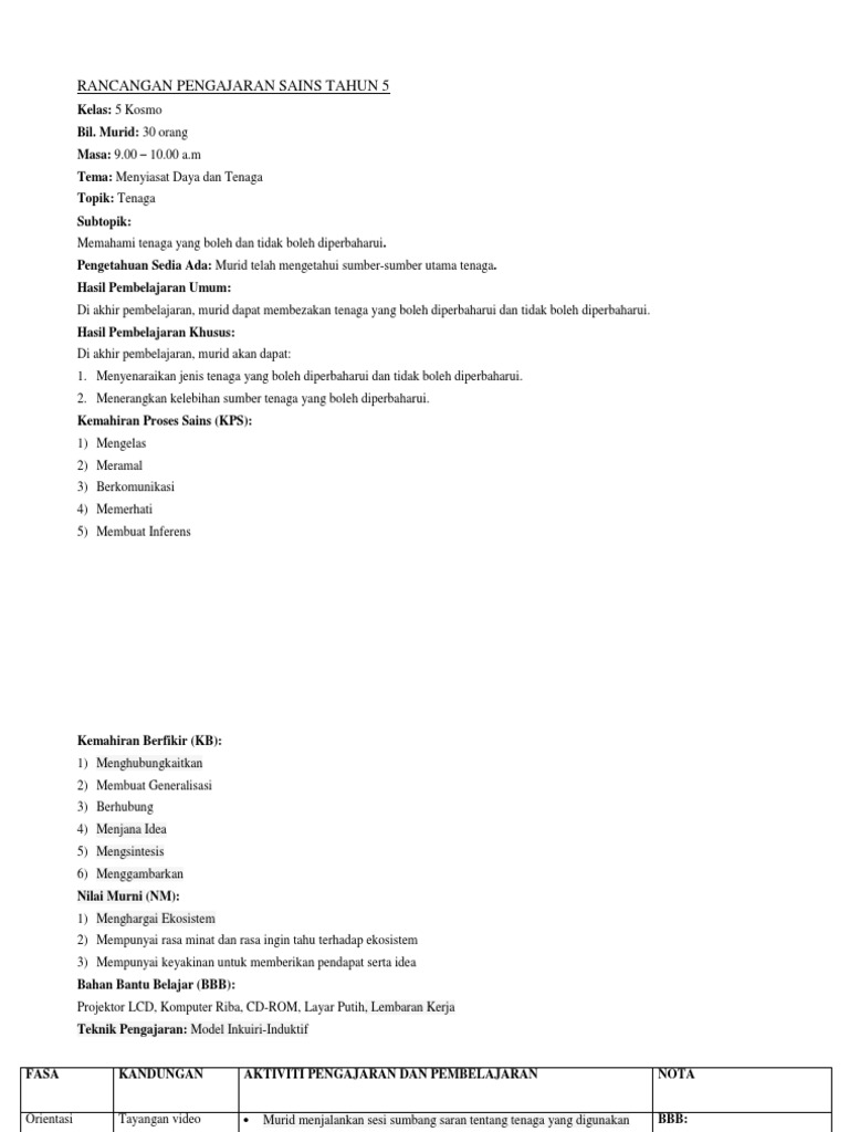 RPH Sains Tahun 5 (Tenaga Boleh Diperbaharui & Tidak Boleh Diperbaharui) | PDF