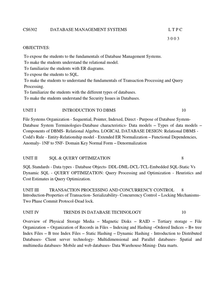 Cs6302 Database Management Systems L T P C | PDF | Database Index | Relational Model