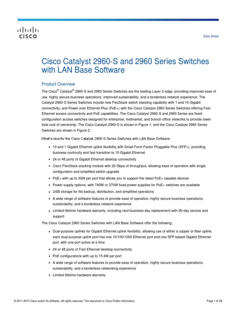 Cisco Catalyst 2960 S And 2960 Series Switches With Lan Base Software