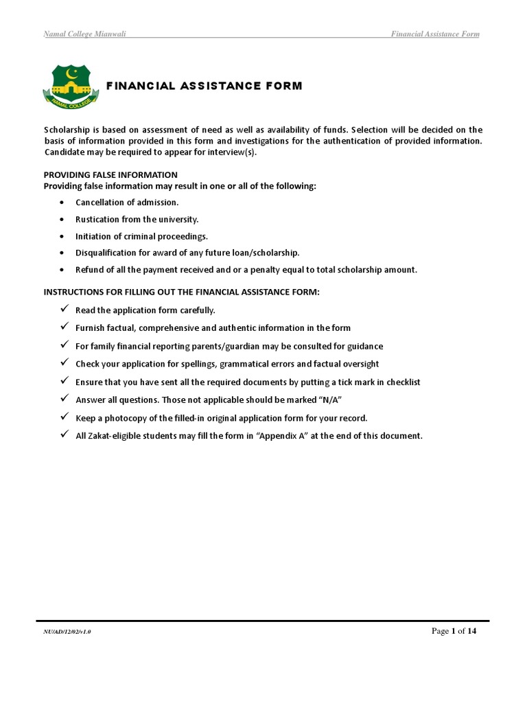 Financial Assistance Form | PDF | Student Financial Aid In The United ...