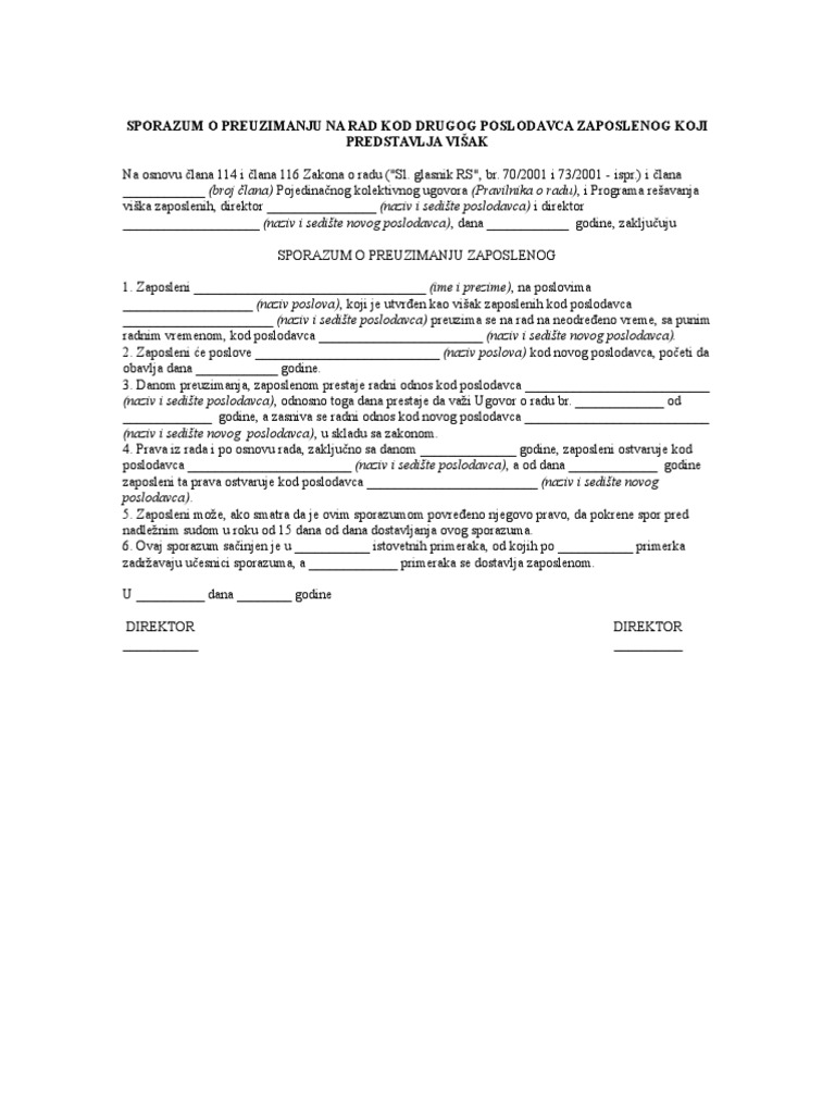 Sporazum o Preuzimanju Na Rad Kod Drugog Poslodavca Zaposlenog Koji ...