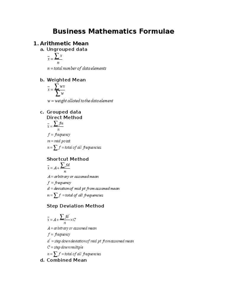 Business Mathematics Formulae | PDF | Mean | Analysis
