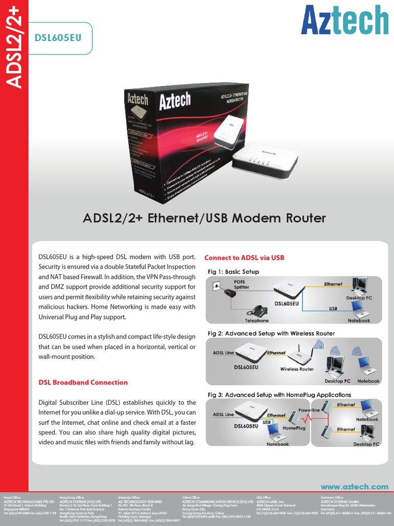 Aztech DSL605EU Datasheet | PDF | Digital Subscriber Line | Internet ...