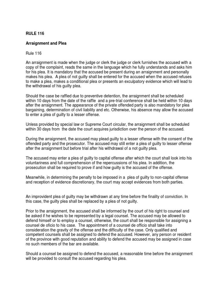 Summary - Rule 116-117 | PDF | Arraignment | Plea