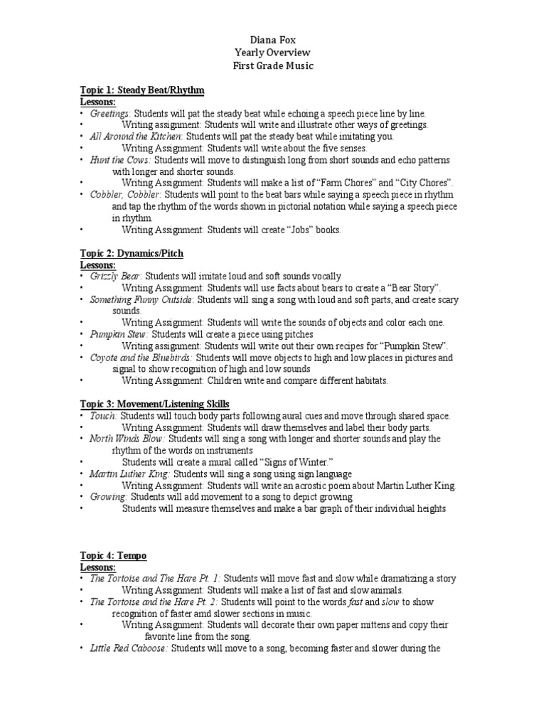 Topic 1: Steady Beat/Rhythm Lessons:: Diana Fox Yearly Overview First ...