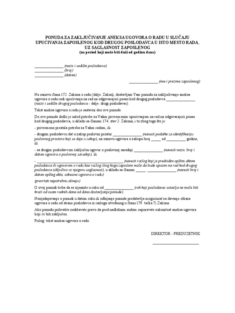Ponuda Za Zaključivanje Aneksa Ugovora o Radu U Slučaju Upućivanja Zaposlenog Kod Drugog ...