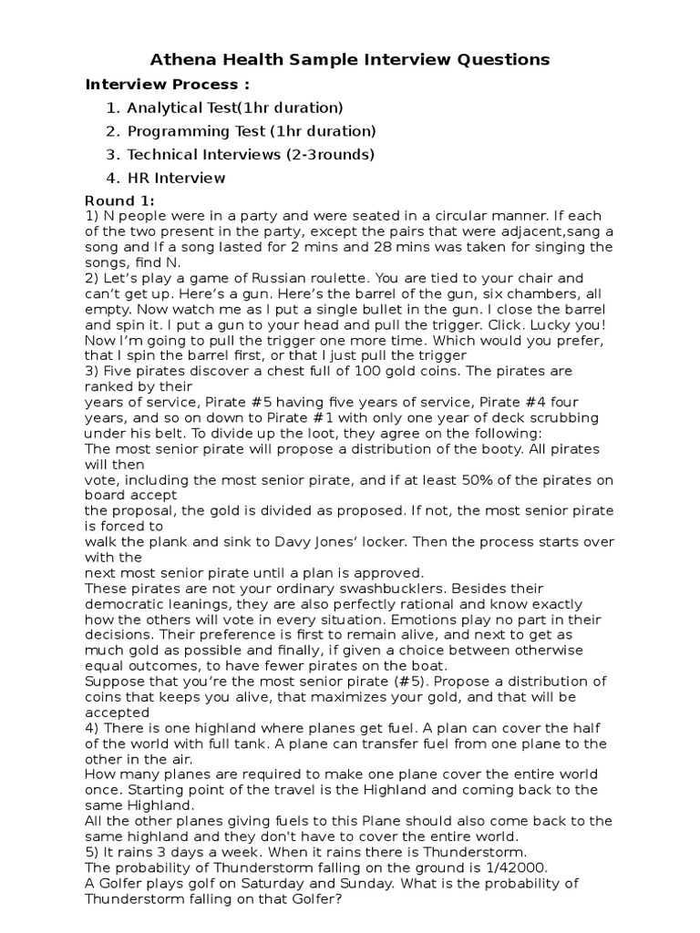 Athena Health Sample Interview Questions | PDF | Algorithms And Data ...