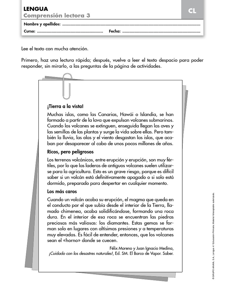 Comprensión Lectora - U.d.3 PDF | PDF | Volcán | Tipos de erupciones ...